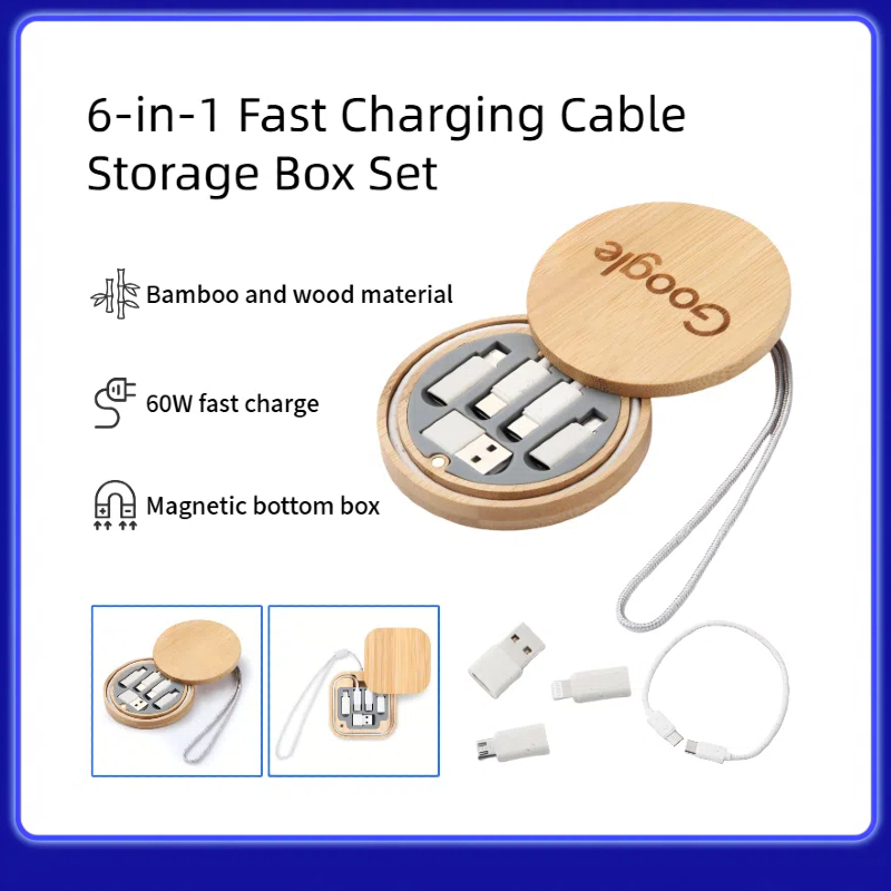 6 in 1 Bamboo Wood 60W Fast Charging Cable Storage Box Set Dual-End ...