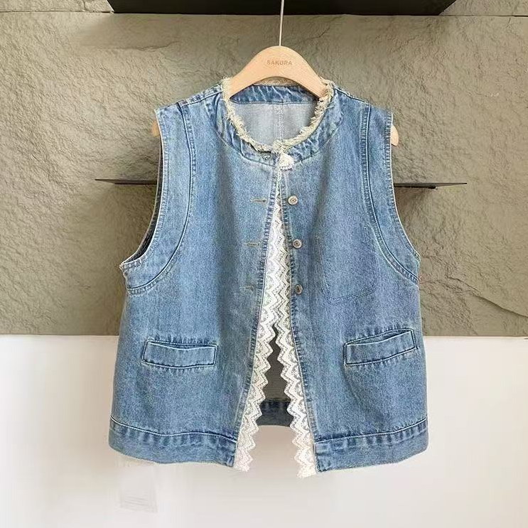 Korean Style Women Denim Sleeveless Lace Ruffle Loose Vest Loose Top ...