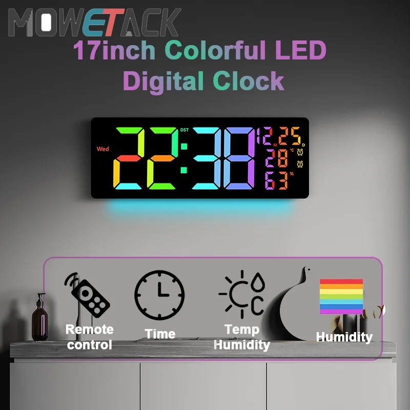17" Large Digital Alarm Clock with 11Colors & Dynamic RGB Display RGB ...