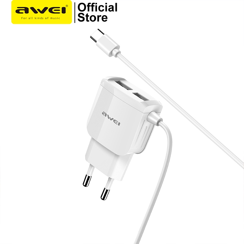 Awei EU Plug Fast Charger With Type C Cable Dual USB Port Travel Charge ...