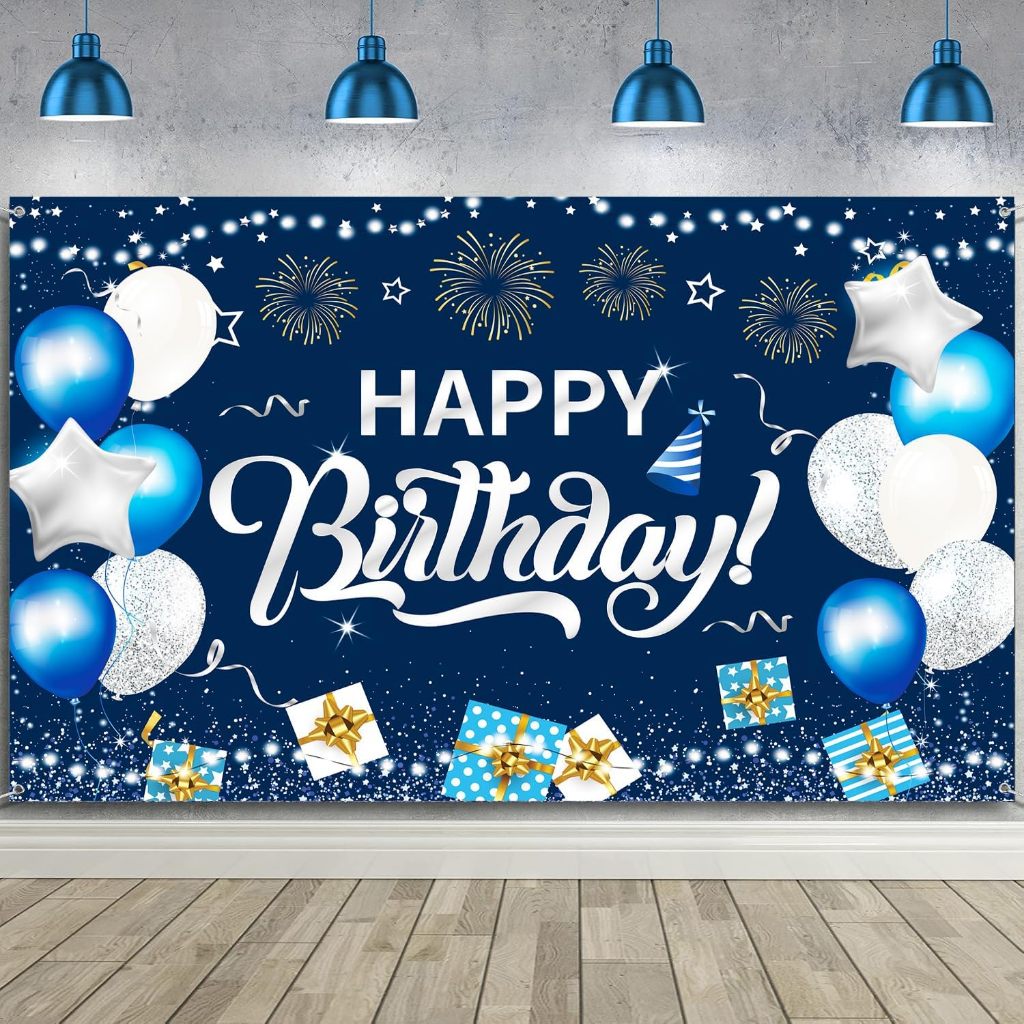5x3ft Happy Birthday Banner Decorations, Blue Silver Party Backdrop ...