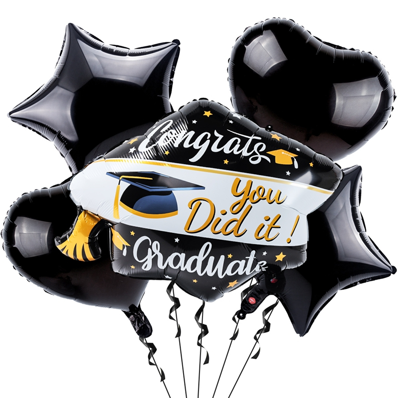 5Pcs Black Gold Congrats Grad Balloon Graduation Cap Design With Ribbon ...