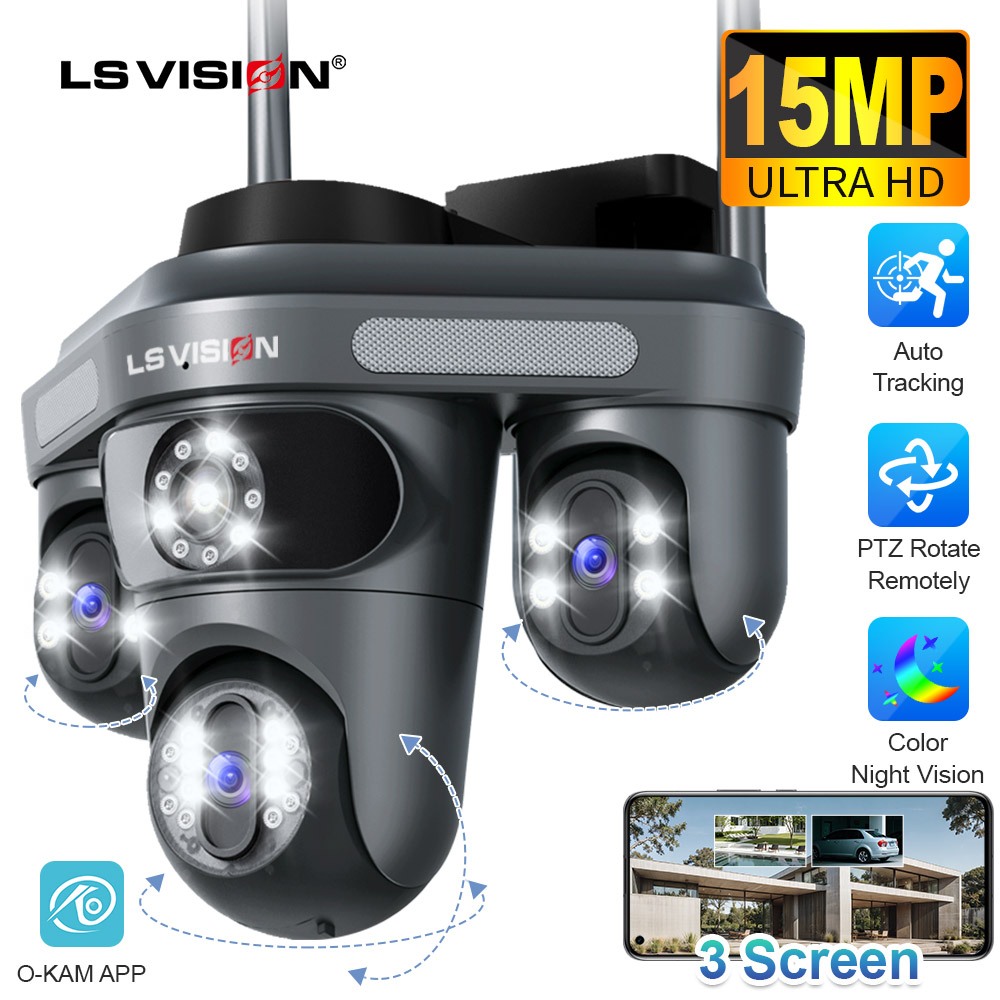LS VISION 3 Lens PTZ Camera 15MP 360° Outdoor WiFi Camera IP66 ...