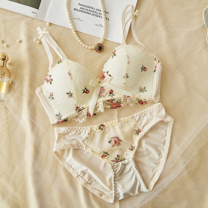 【1 Set 】Panties Bra Set Young Girl Seamless Lace Floral Bra Push Up ...