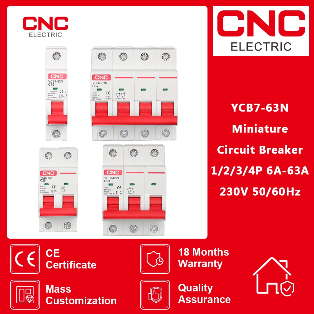 CNC YCB7-63N 1P/2P/3P/4P Miniature Circuit Breaker MCB Din Rail Mount Breaking Capacity 6A/10A ...