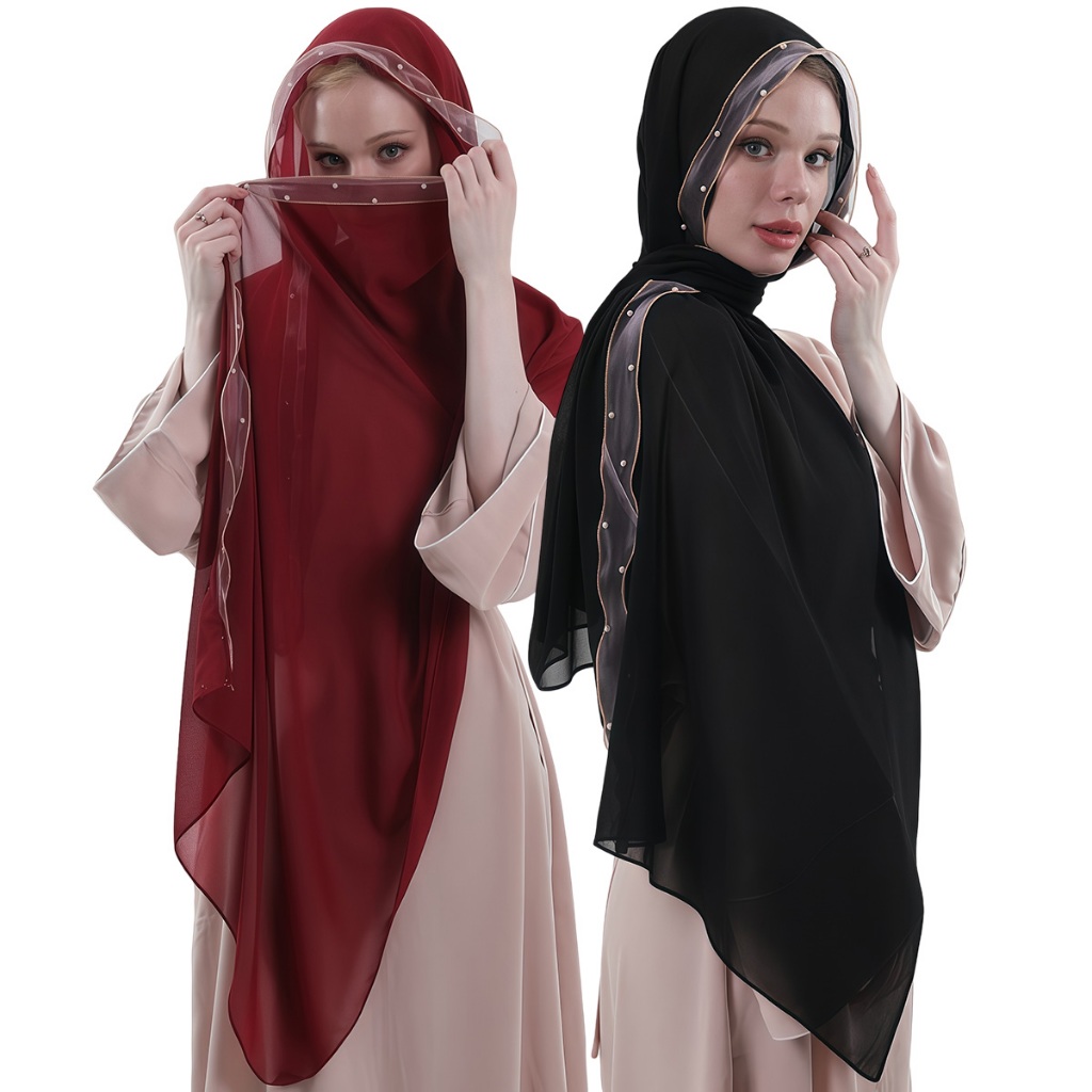 Jifang Pearl Beads Ribbon Plain Bubble Chiffon Shawl Manik Pashmina ...