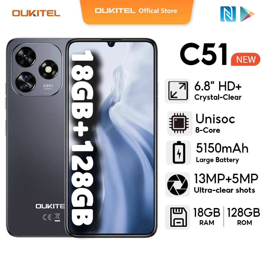 OUKITEL C51 18GB+128GB 5150mAh Battery 9mm Ultra-Thin Mobile 6.8” HD+ Display 13MP+5MP Android ...