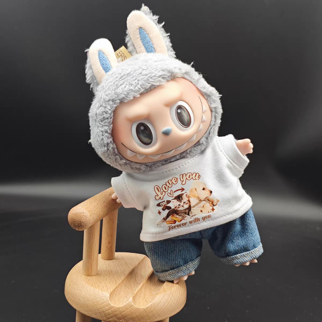 17cm labubu top and jeans two-piece set, cute pattern Labubu vinyl face ...