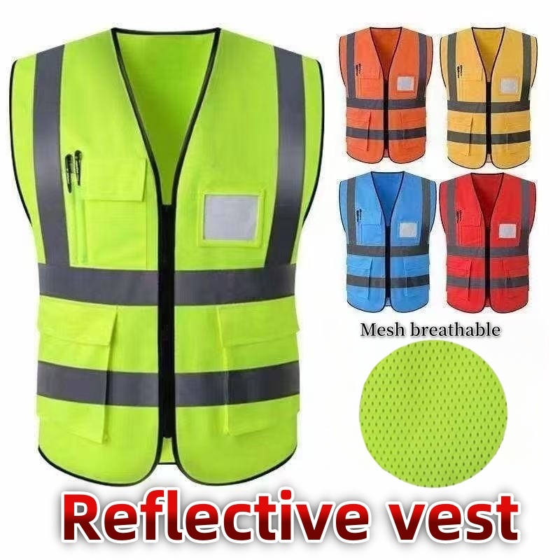 High Visibility Safety Vest Reflective Strips Multi Pockets and Zipper ...