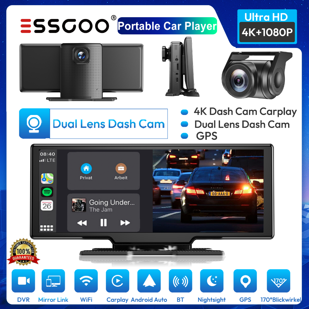 ESSGOO 【XGODY】 10.26 Inch Portable Car Player 4K & 1080P Dual Record ...