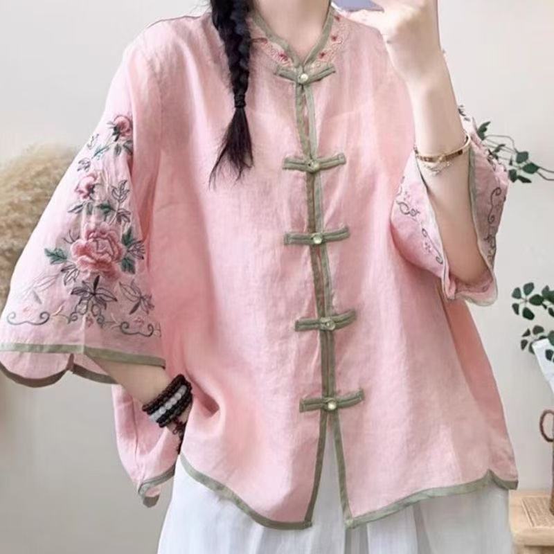 Chinese Style Cheongsam Buckle Woman Cotton Linen Embroidery Flower 3/4 ...