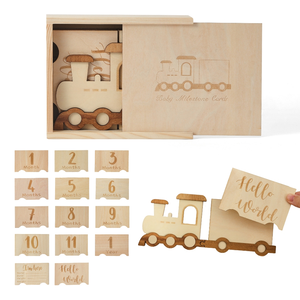 1set Baby Birth Wooden Train Shape Milestone Commemorate Cards Newborn ...