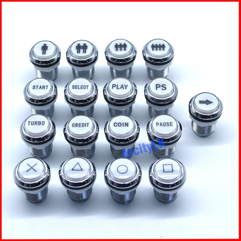 30mm Arcade LED Push Buttons Chrome Illuminated Plating Coin 1P 2P 3P 4P Play Start Turbo Pause ...