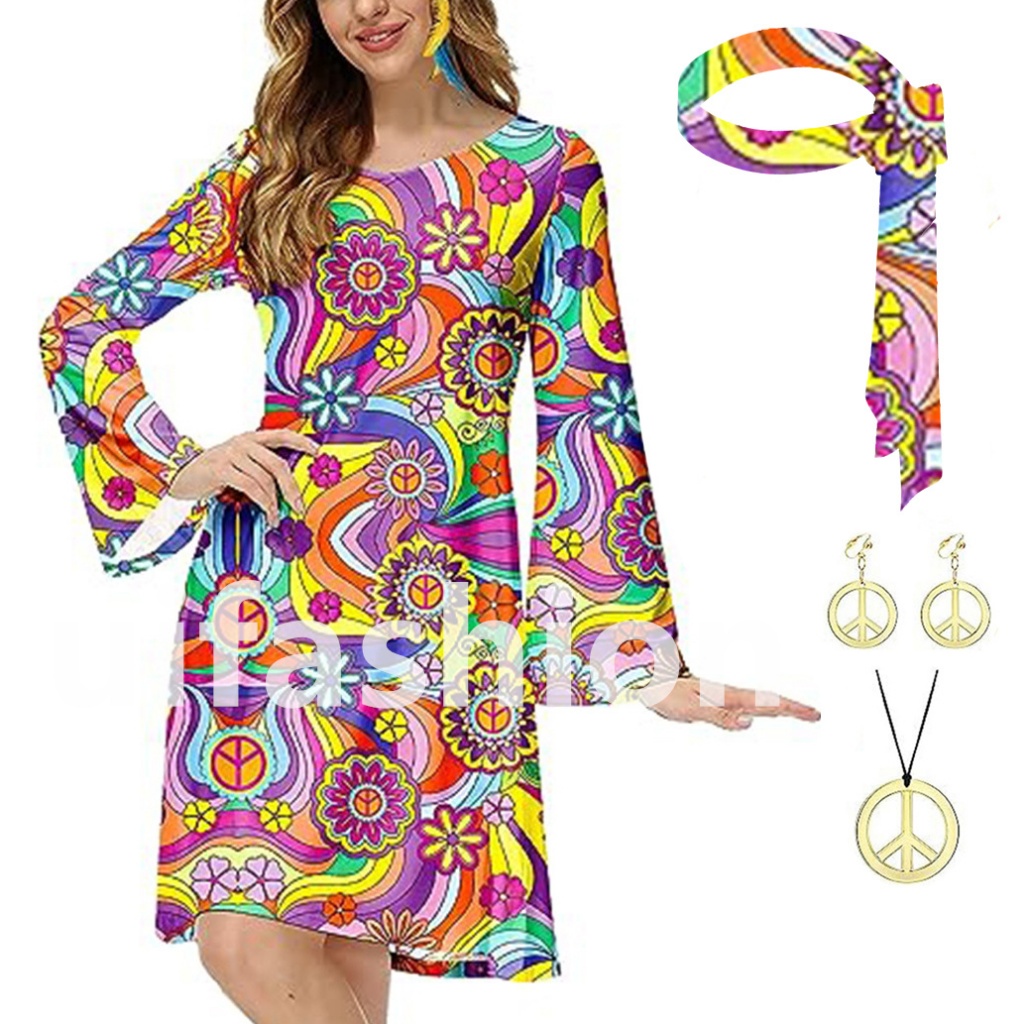 Rainbow 70s Women's Hippie Costume Retro Print Flared Sleeve Dress with ...