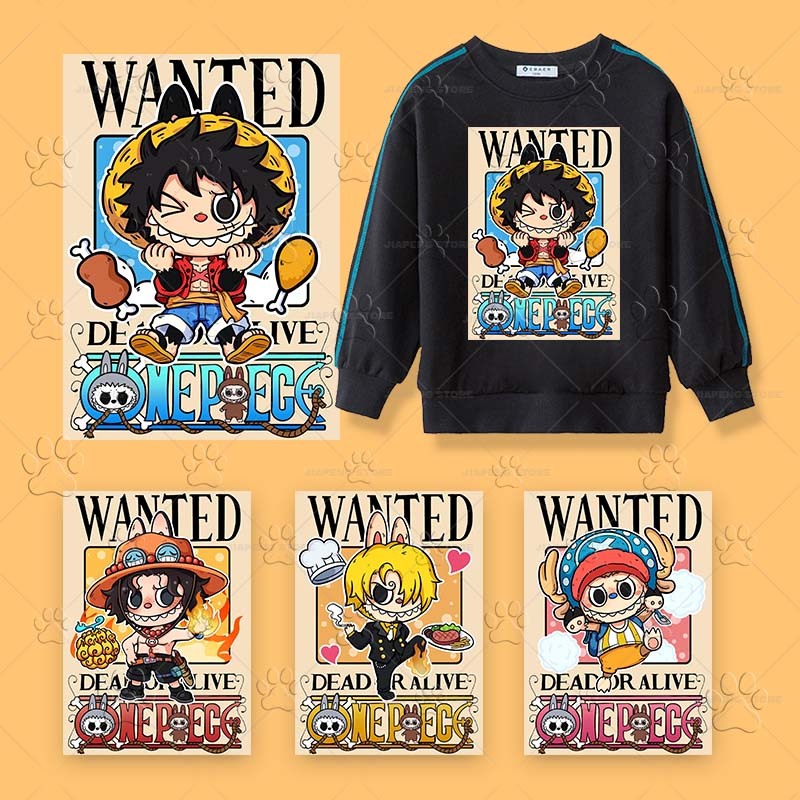 Labubu ＆ One Piece Iron on Patches For Clothes Monkey D Luffy Wanted Poster Heat Transfers ...