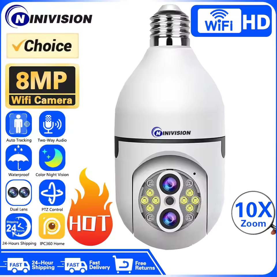 [NINIVISION] 10X PTZ Zoom 4K 8MP Wifi E27 Bulb Security Baby Monitor ...