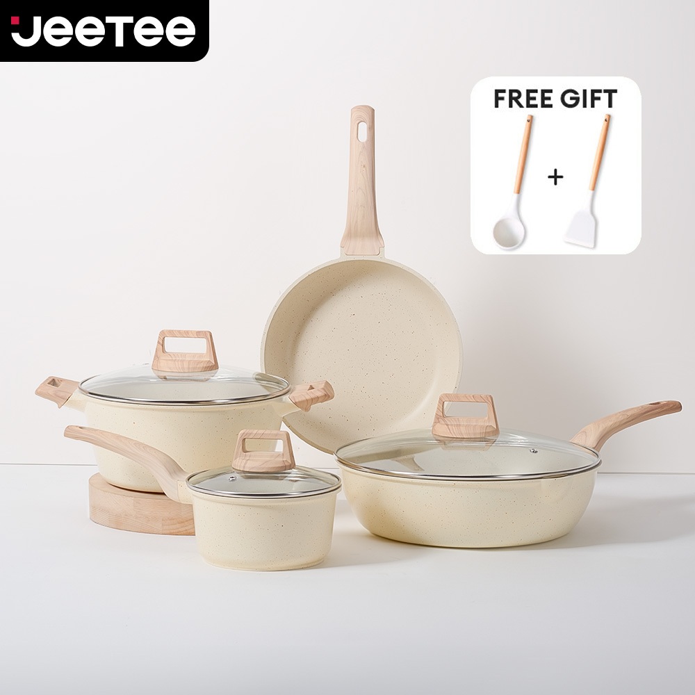 JEETEE White Granite Non Stick Cookware set 9 pcs cooking set kitchen ...