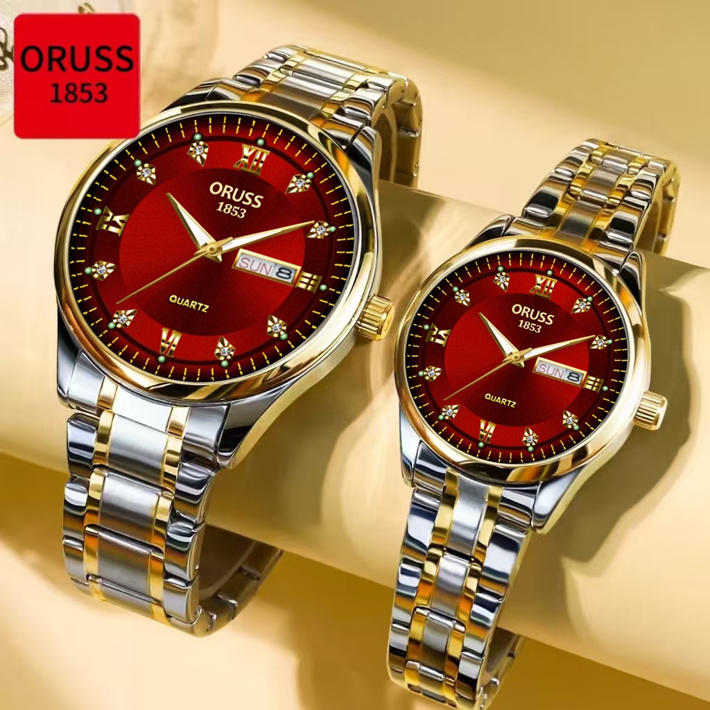 ORUSS Original 2 Pcs Couple Stainless Steel Red Dial Dual Calendar ...