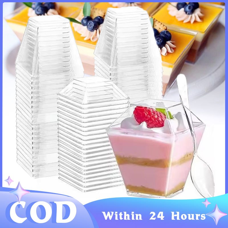 50Pcs Transparent Plastic Jelly Mousse Cup With Lid/spoon Party Dessert ...