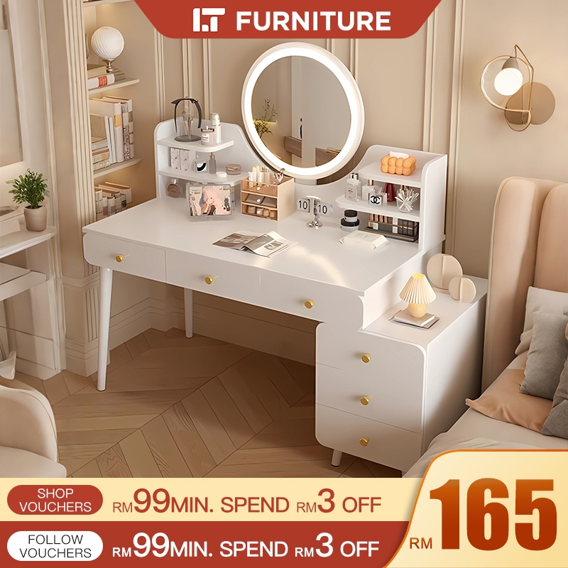 Meja Makeup Dressing Table with LED Mirror Makeup Table with Drawer and ...
