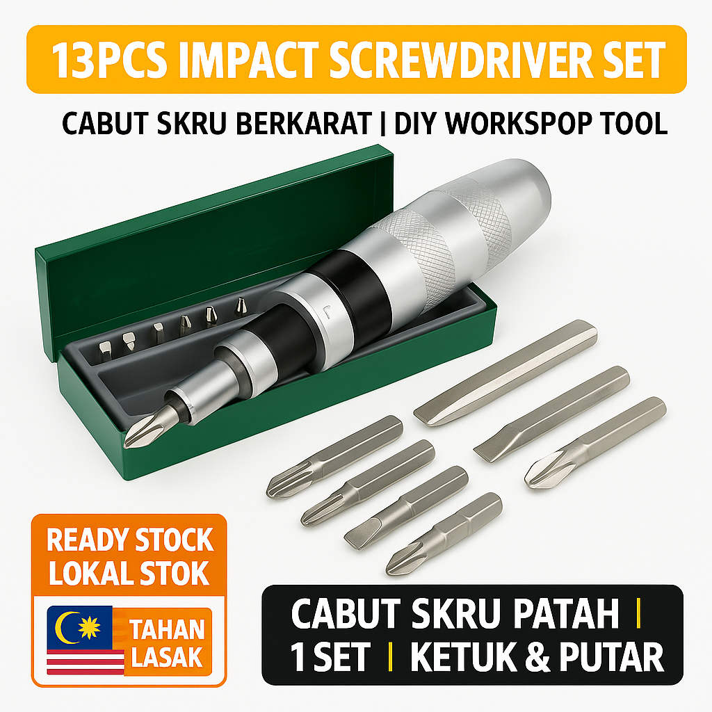 13pcs Impact Screwdriver Set | Alat Pembuka Skru Berkarat dan Rosak ...