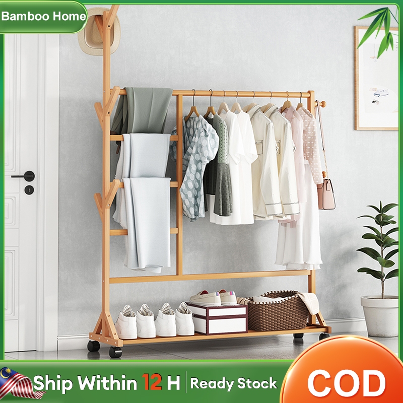 【Ready Stock】Bamboo Clothes Rack 50/60/80/100CM Moving Towel Rack Rak ...