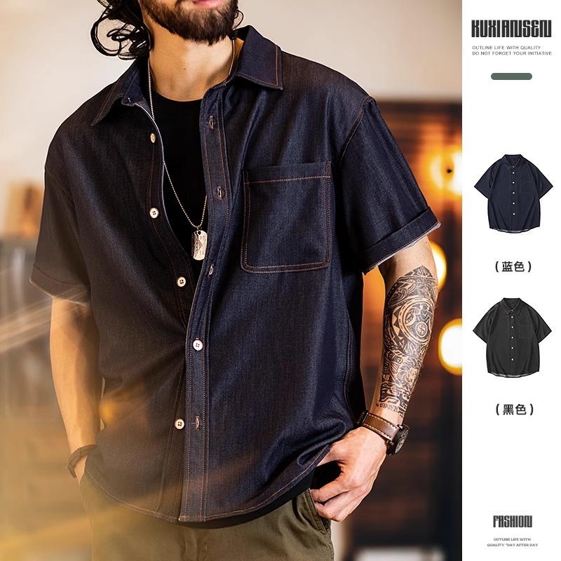 KOR American Denim Shirt Men's Short-Sleeved 2025 Summer New Style ...