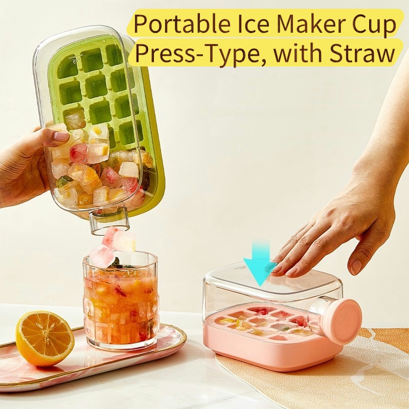 Press-Type Ice Cube Tray with Straw - Food Grade Portable Ice Maker Cup ...
