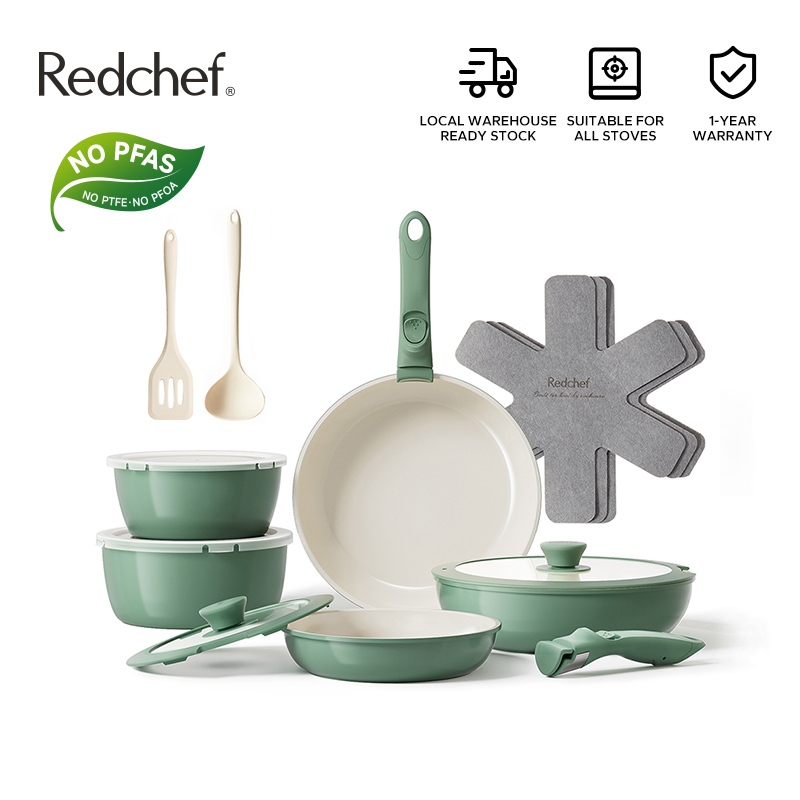 Redchef Nonstick Ceramic Rock Cookware Set Handle Removable (16Pcs) Non Toxic, PFAS& PTFE& PFOA ...