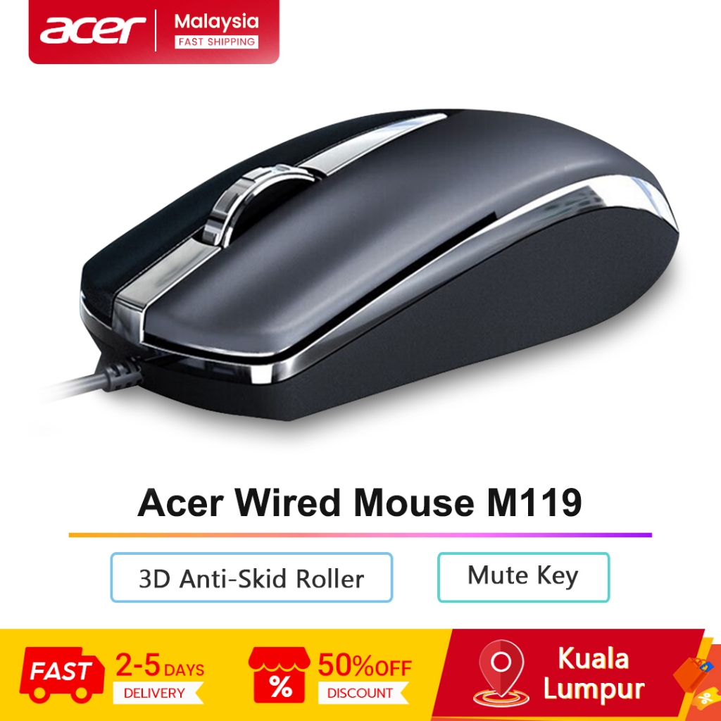Acer Wired Mouse M119 Reduce Noise USB Interface 1000DPI Mute Design E ...