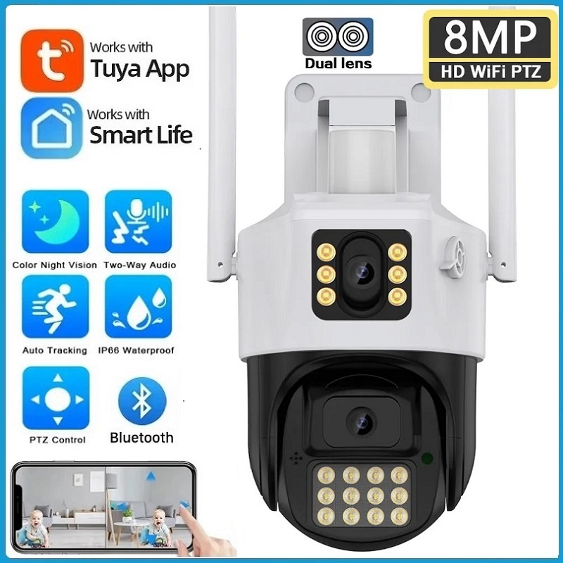 Tuya/Smart Life CCTV Camera WiFi 8MP Outdoor Dual Lens&Dual Screen PTZ ...
