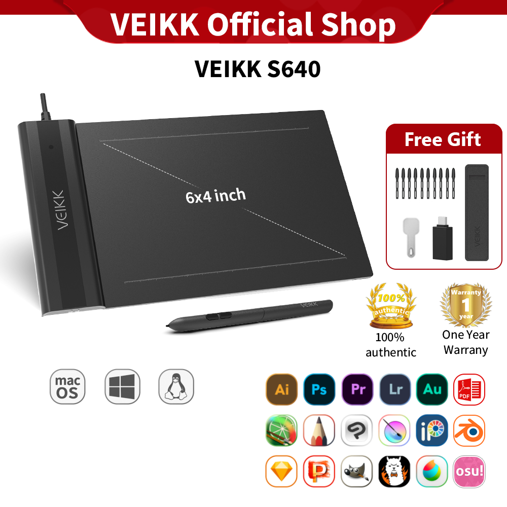 VEIKK S640 Drawing Tablet 6x4 Inch Pen Tablet with Battery-Free Stylus Support Mac/ Windows ...