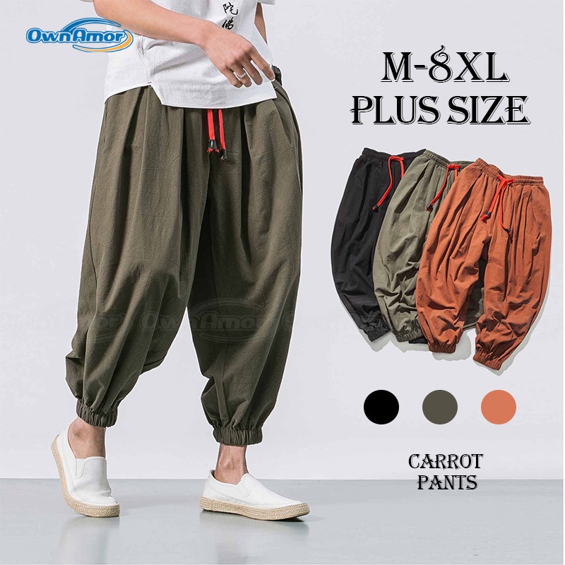 【M-8XL】Men's Casual Pants Plus Size Linen Loose Carrot Wide Leg Hip-Hop ...