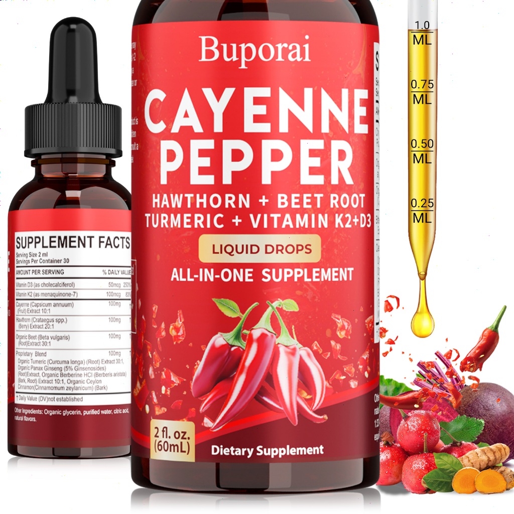 Cayenne Pepper Drops Supplement Liquid + Hawthorn Berry, Vitamin D3 K2 ...