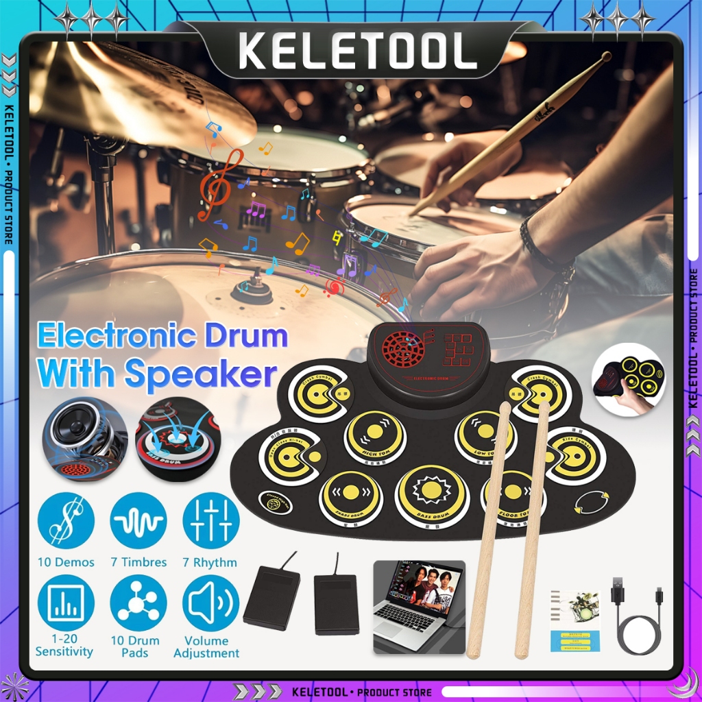 Electronic Drum Set Compact Size Roll-Up Drum Set Electronic Drum Kit 9 ...