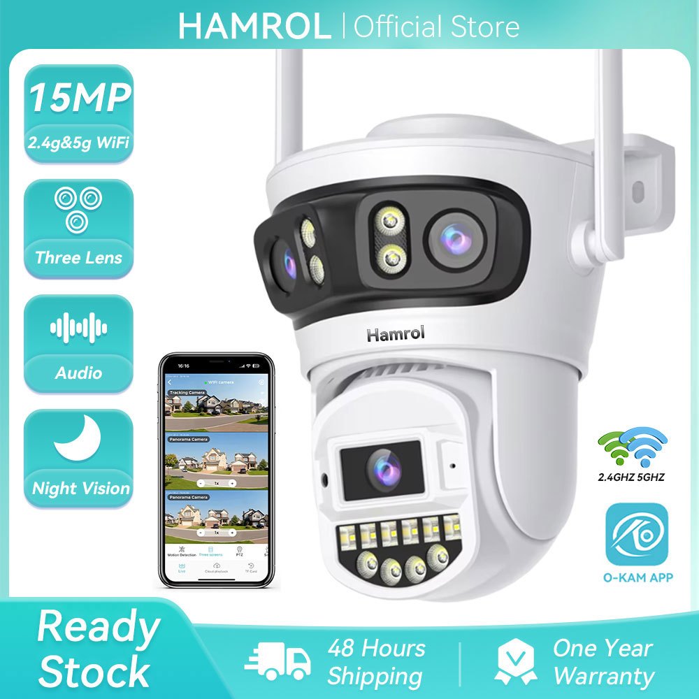 Hamrol 15MP Three Lens Three Screen PTZ Wi-Fi IP Motion Detection CCTV ...