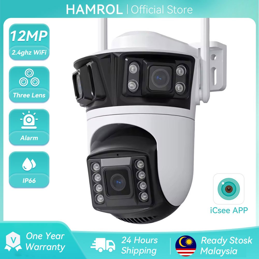 Hamrol Wireless 12MP Three Lens Three Screen PTZ Wi-Fi CCTV Camera ...