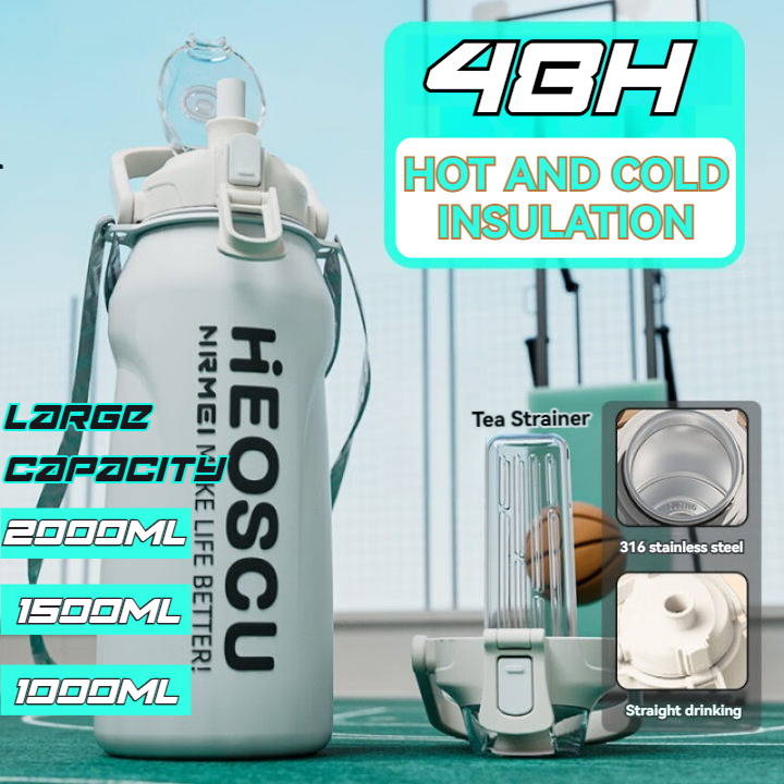 2.0L Straw Insulated Water Bottle with Handle Large Capacity Stainless ...