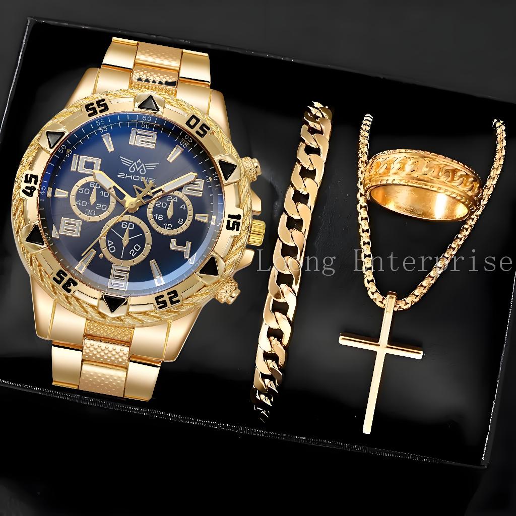 4pcs Men Luxury Stainless Steel Quartz Watch Casual Necklace Bracelet ...