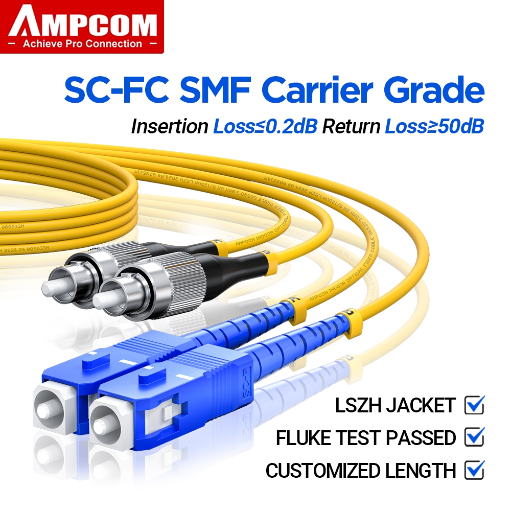 AMPCOM SC to FC UPC Fiber Optical Patch Cable Singlemode Duplex SMF 9/125μm Single Mode Bend ...
