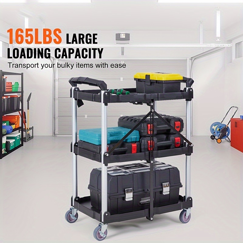 Foldable Service Carts with Wheels 3 Tier Utility Rolling Tool Garage ...