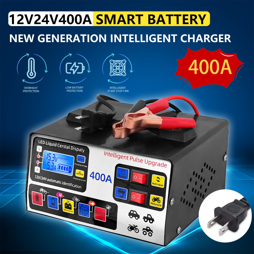 [COD]400A Bateri Kereta Car Battery Charger 12V/24V Battery Kereta Pengecas Bateri Kereta Moto ...