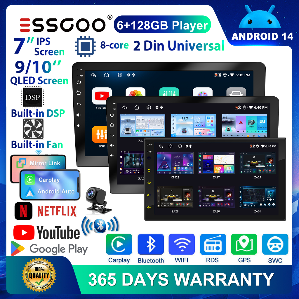 ESSGOO QLED Screen Wireless Carplay Android Auto 6+128GB 7" 9" 10" 2 Din Car Radio MP5 Player ...