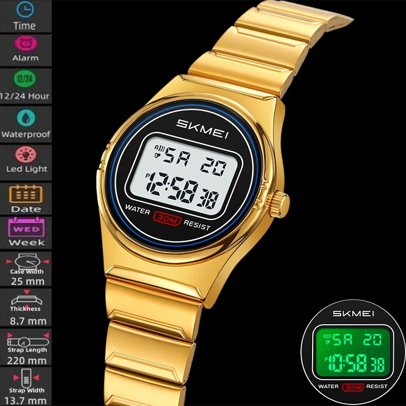Skmei Womens Digital Watches Luxury Steel Strap LED Light Mineral Glass ...