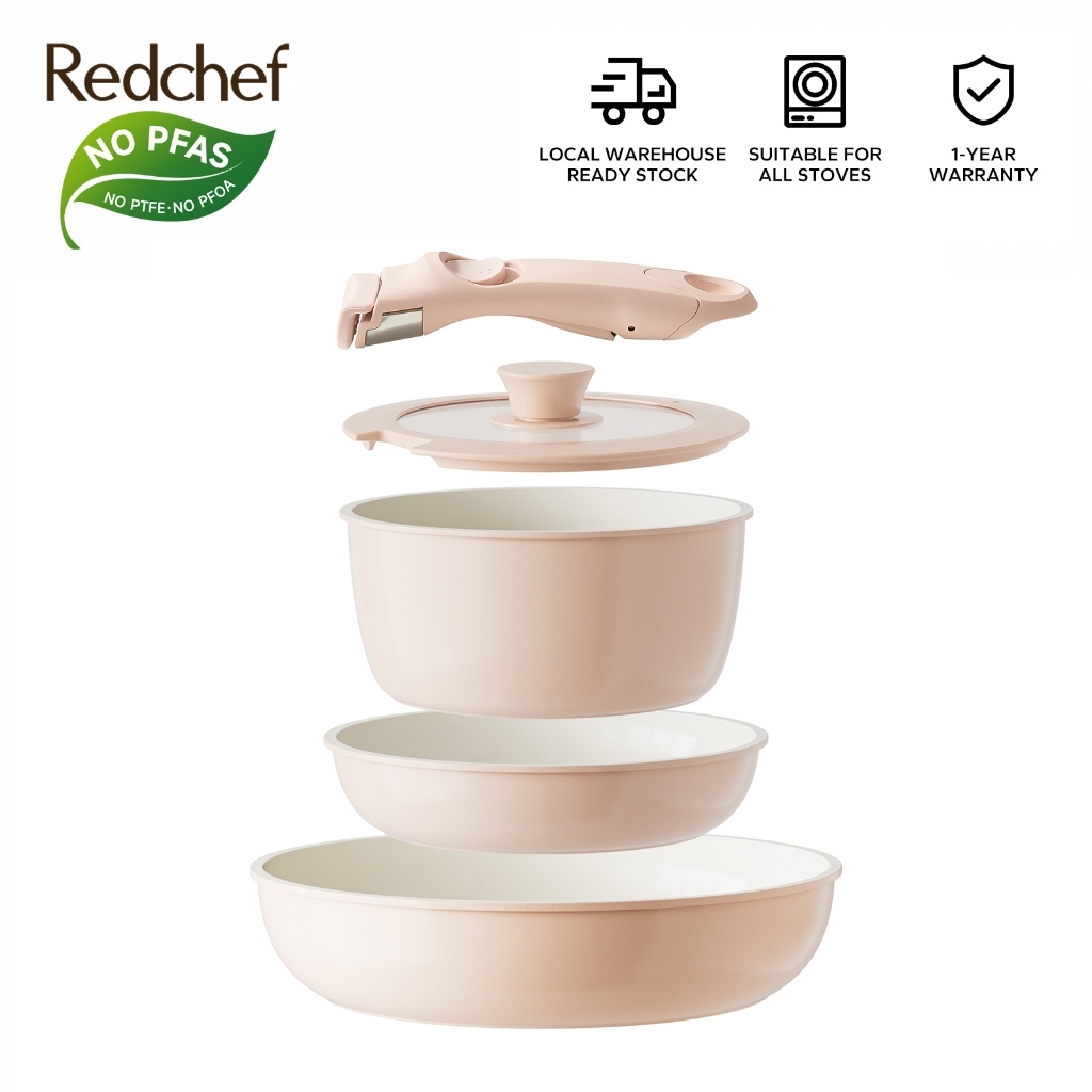 Redchef Nonstick Ceramic Rock Cookware Set Handle Removable Pink 5Pcs /16Pcs No PFAS& PTFE& PFOA ...