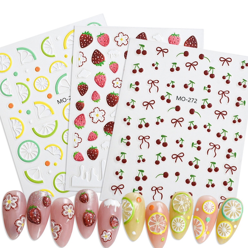 3D Relief Fruit Nail Stickers Embossed Strawberry Lemon Cherry Self ...