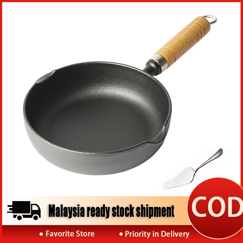18cm Frying Pan Cast Iron Skillet with Wooden Handle and Dual Spouts ...