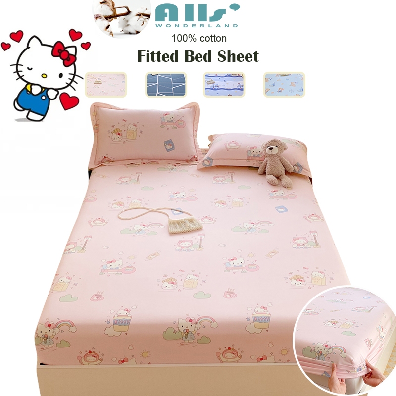 Hello Kitty Pink Fitted Sheet 100% Pure Cotton Cartoon Bed Sheet ...