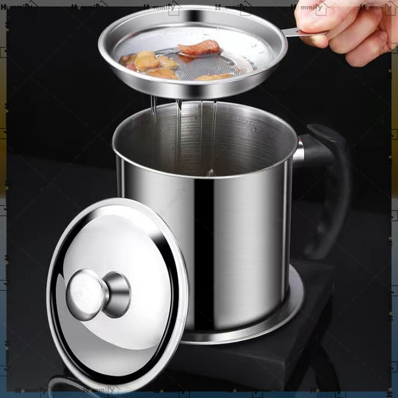 Stainless Steel Grease Keeper with Strainer - 47.34oz Oil Storage Pot ...