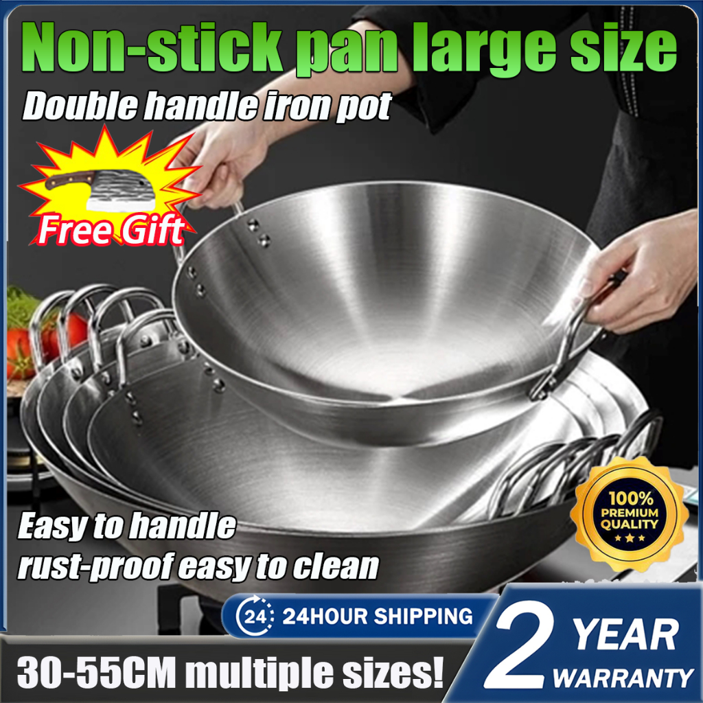 【Buy 1 Free Knife】30-50CM Stainless Steel Wok Double Handle Chinese Wok ...